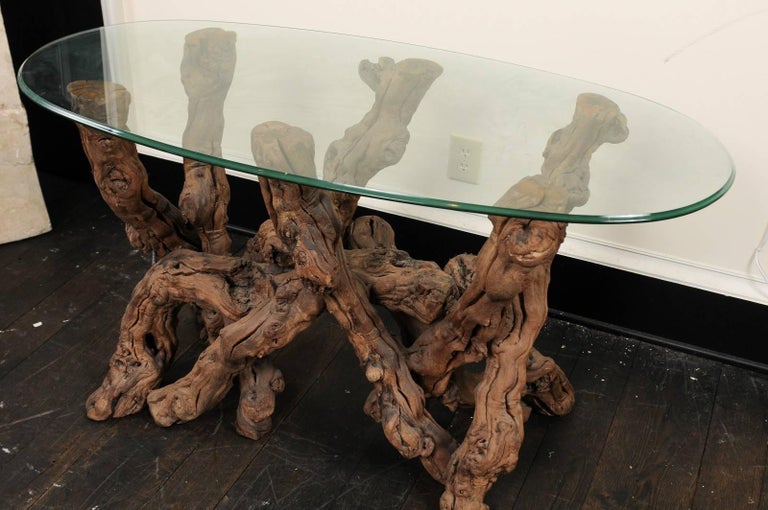 Vintage European Glass Top, Grape Vine / Natural Wood Base Oval Rustic ...