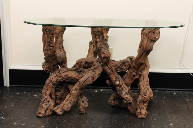 Vintage European Glass Top, Grape Vine / Natural Wood Base Oval Rustic ...