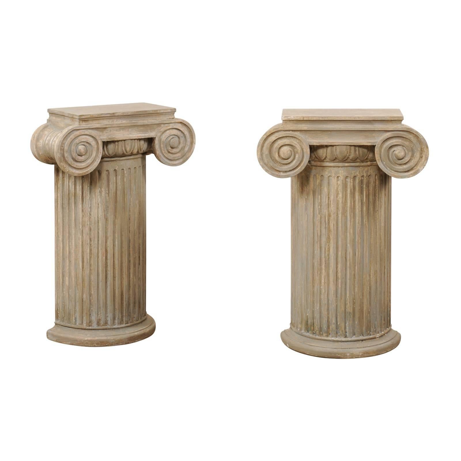 Pair of Vintage Carved Wood Ionic Fluted Column Pedestals with Neutral ...