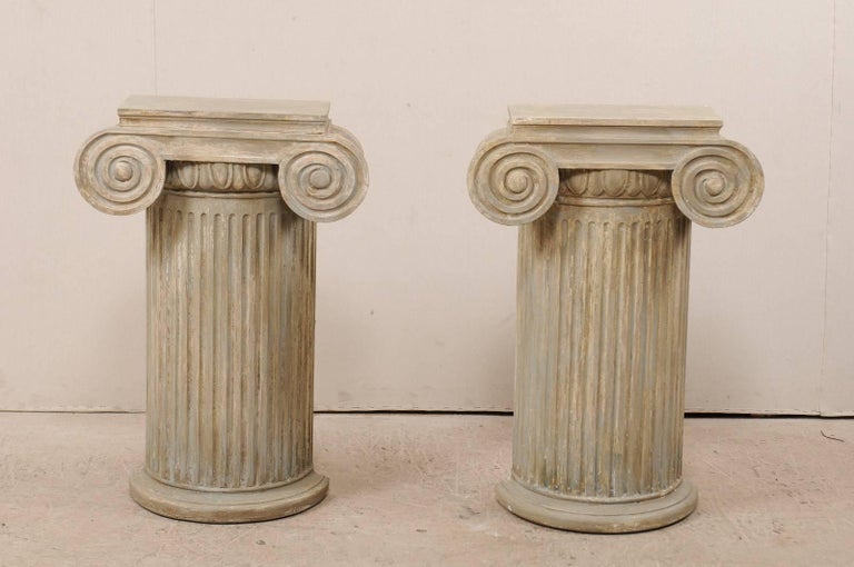 Pair of Vintage Carved Wood Ionic Fluted Column Pedestals with Neutral ...