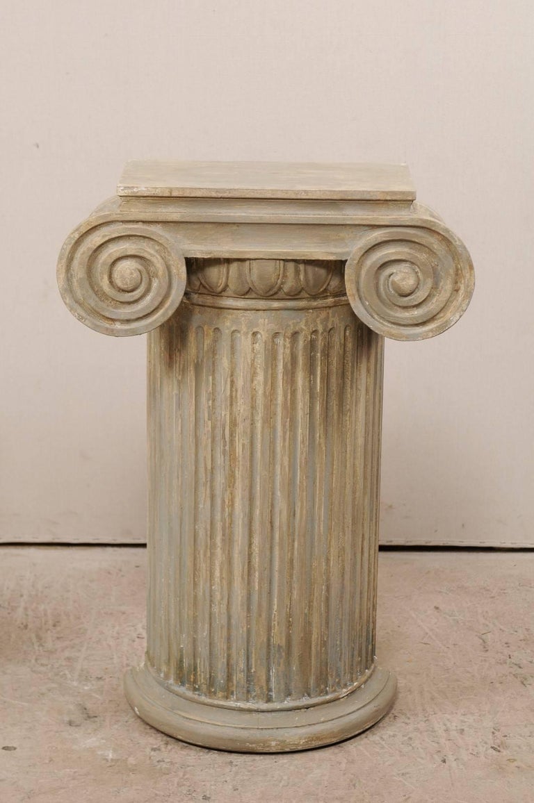Pair Of Vintage Carved Wood Ionic Fluted Column Pedestals With Neutral