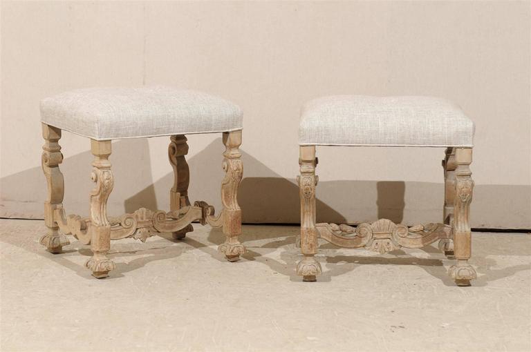 Pair of Italian Carved and Upholstered Foot Stools from the Late 19th ...