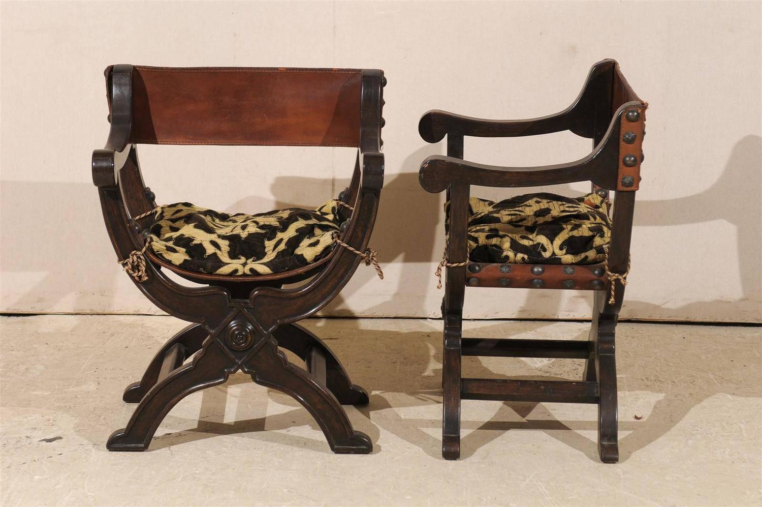 Pair of Italian "Dante" Style Wooden Chairs with Leather Back and Seat ...