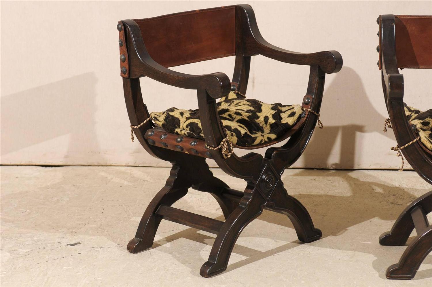 Pair of Italian "Dante" Style Wooden Chairs with Leather Back and Seat ...