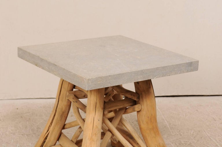 European Rustic Natural Tree Branch Occasional Table with Honed Stone ...