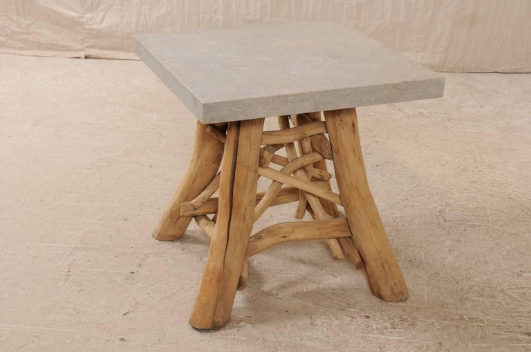 European Rustic Natural Tree Branch Occasional Table with Honed Stone ...