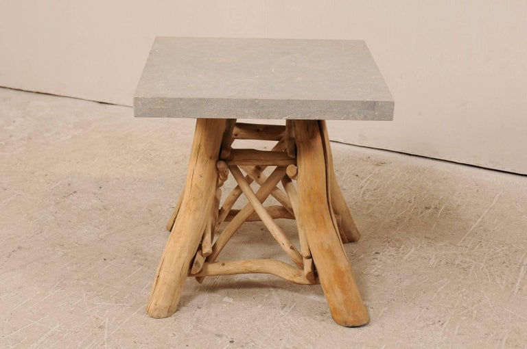 European Rustic Natural Tree Branch Occasional Table with Honed Stone ...