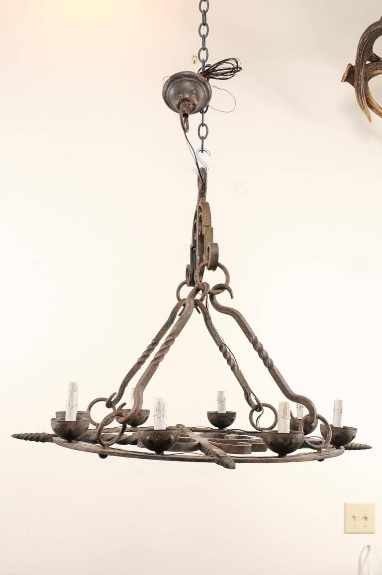 French Eight-Light Hand-Forged Iron Circular Chandelier w/Beautiful ...