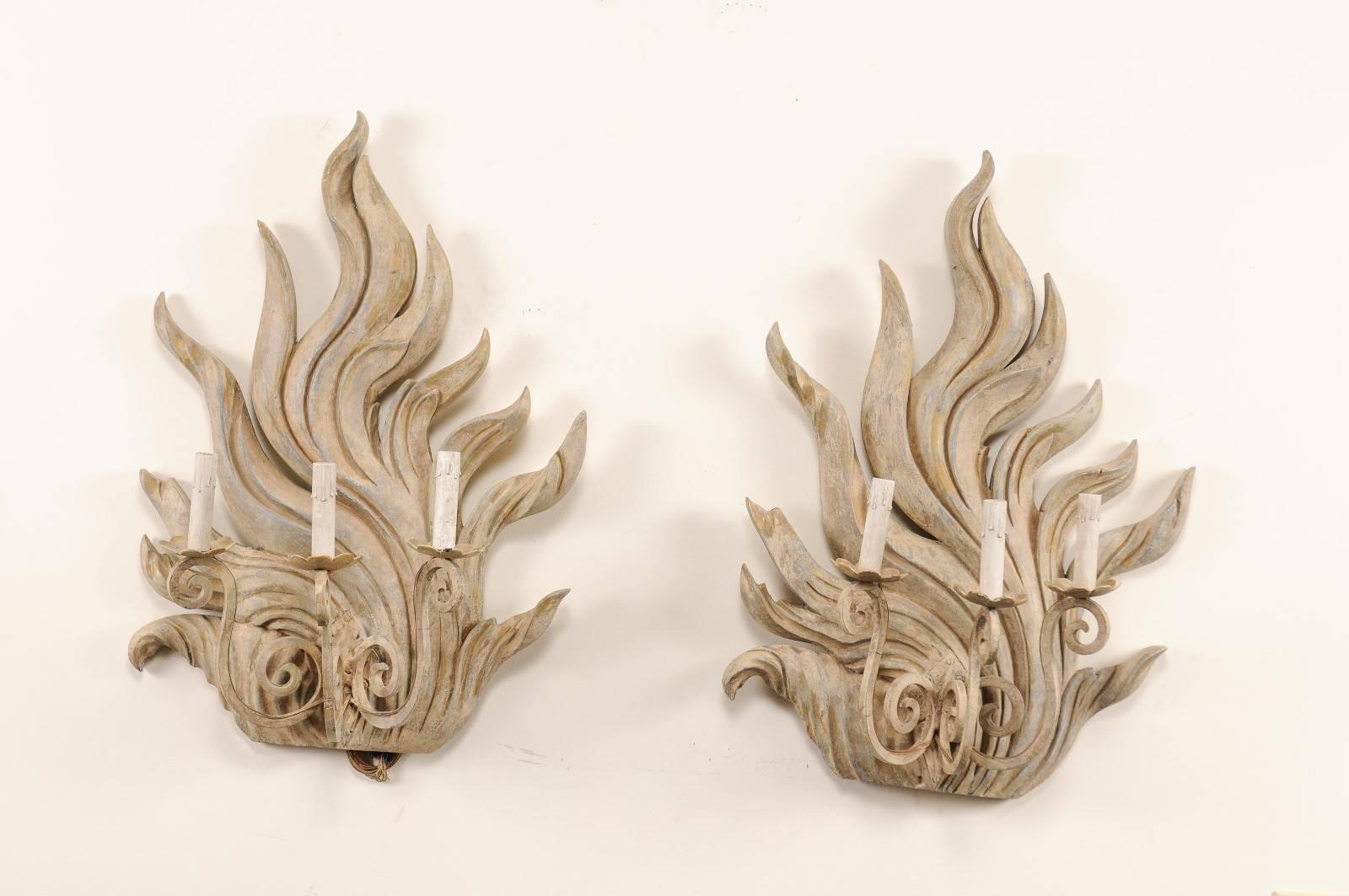 Pair of Vintage Custom Flame Three-Light Wood Sconces with Scrolled ...