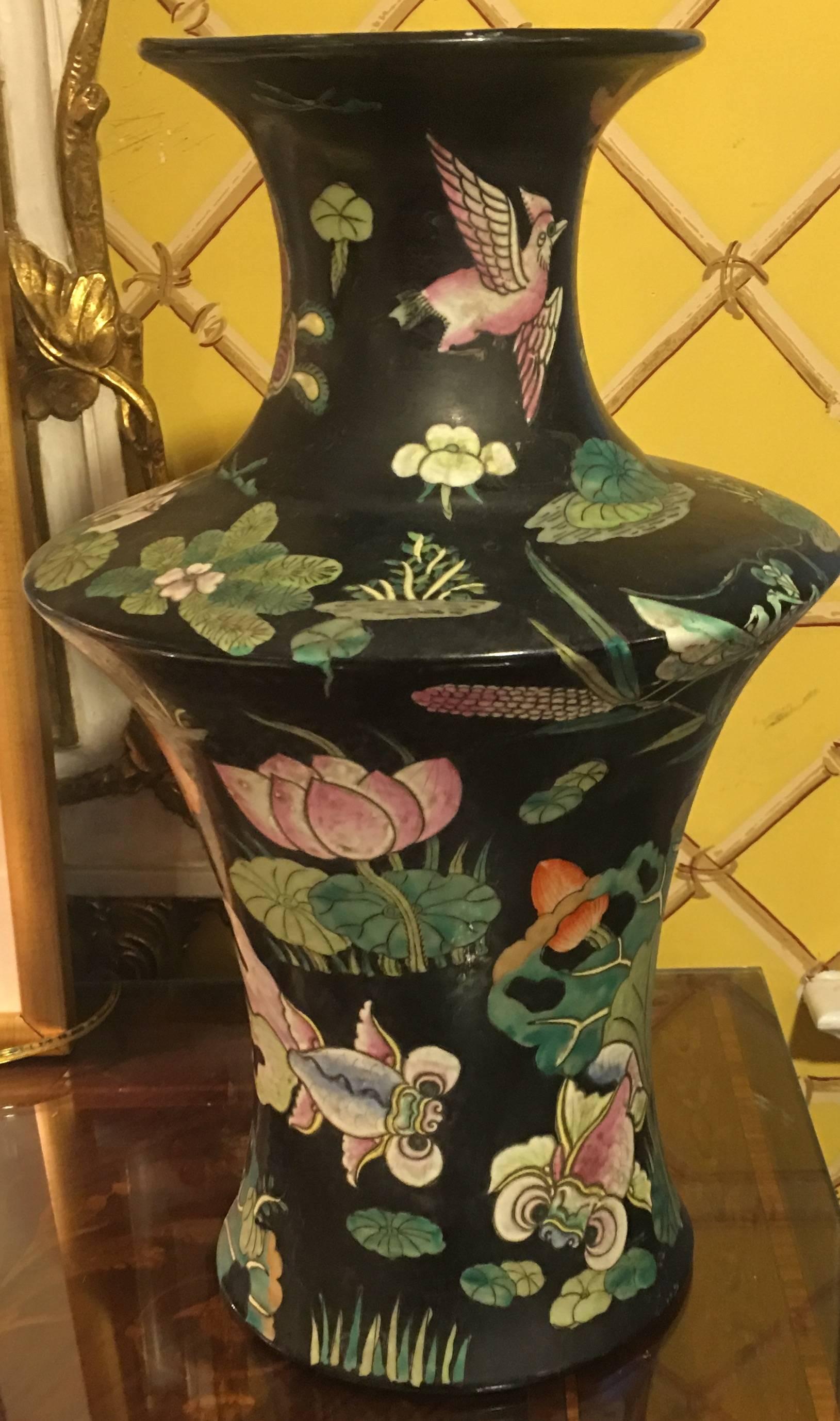 Pair of Black Hand Painted Porcelain Vases Goldfish, Lotus, Butterfly ...