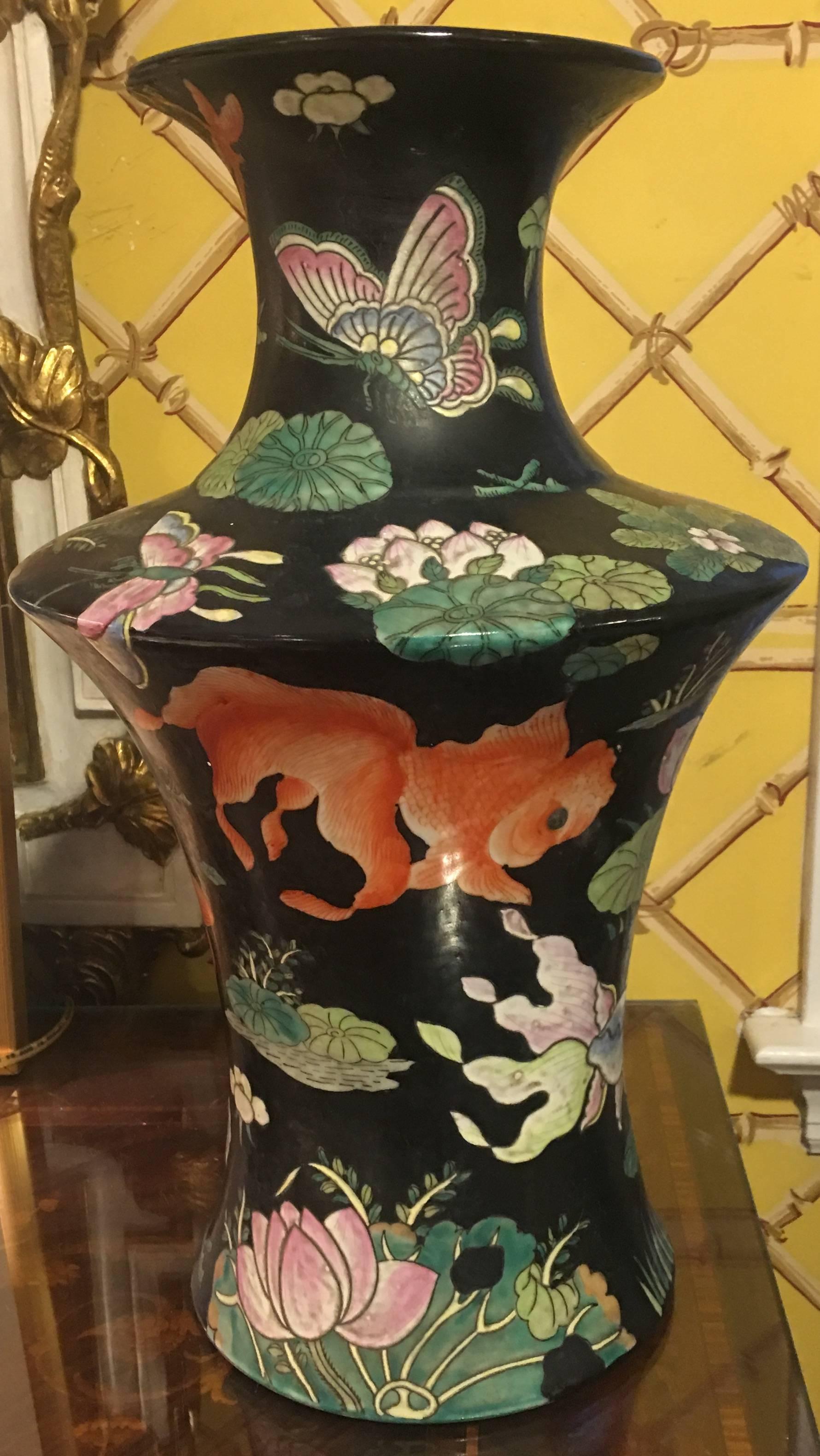 Pair of Black Hand Painted Porcelain Vases Goldfish, Lotus, Butterfly ...