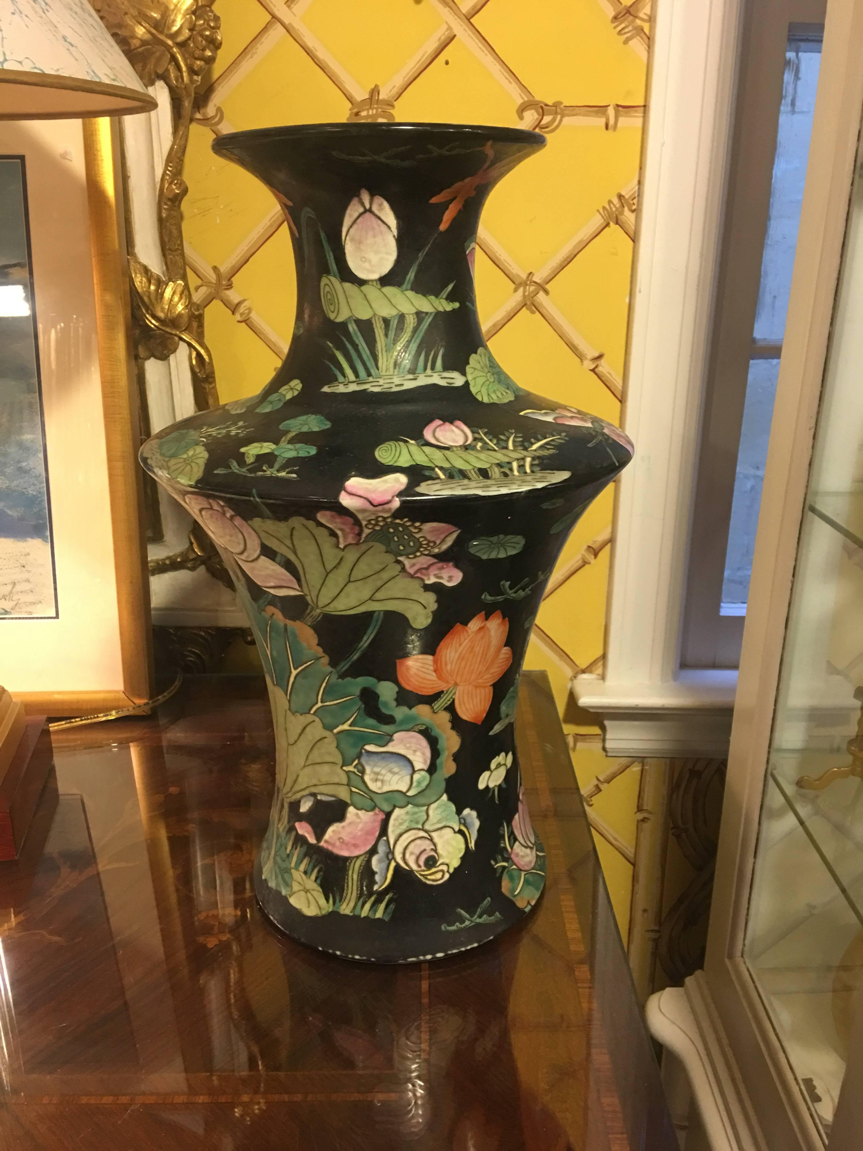 Pair of Black Hand Painted Porcelain Vases Goldfish, Lotus, Butterfly ...