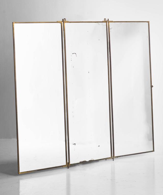 French Brass Triptych Mirror circa 1950, by "Brot" at 1stDibs