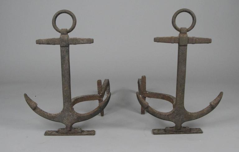 Pair of Large Antique Cast Iron Anchor Andirons at 1stDibs