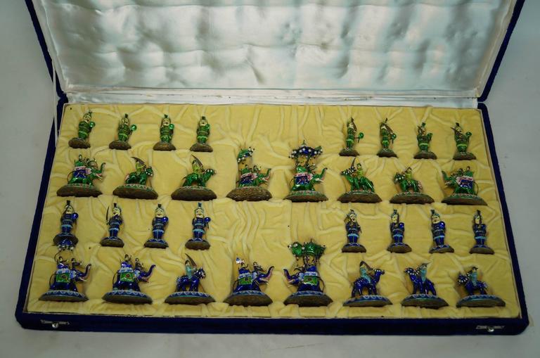 Fine and Complete Blue and Green Enamel Chess Set in Original Box at ...