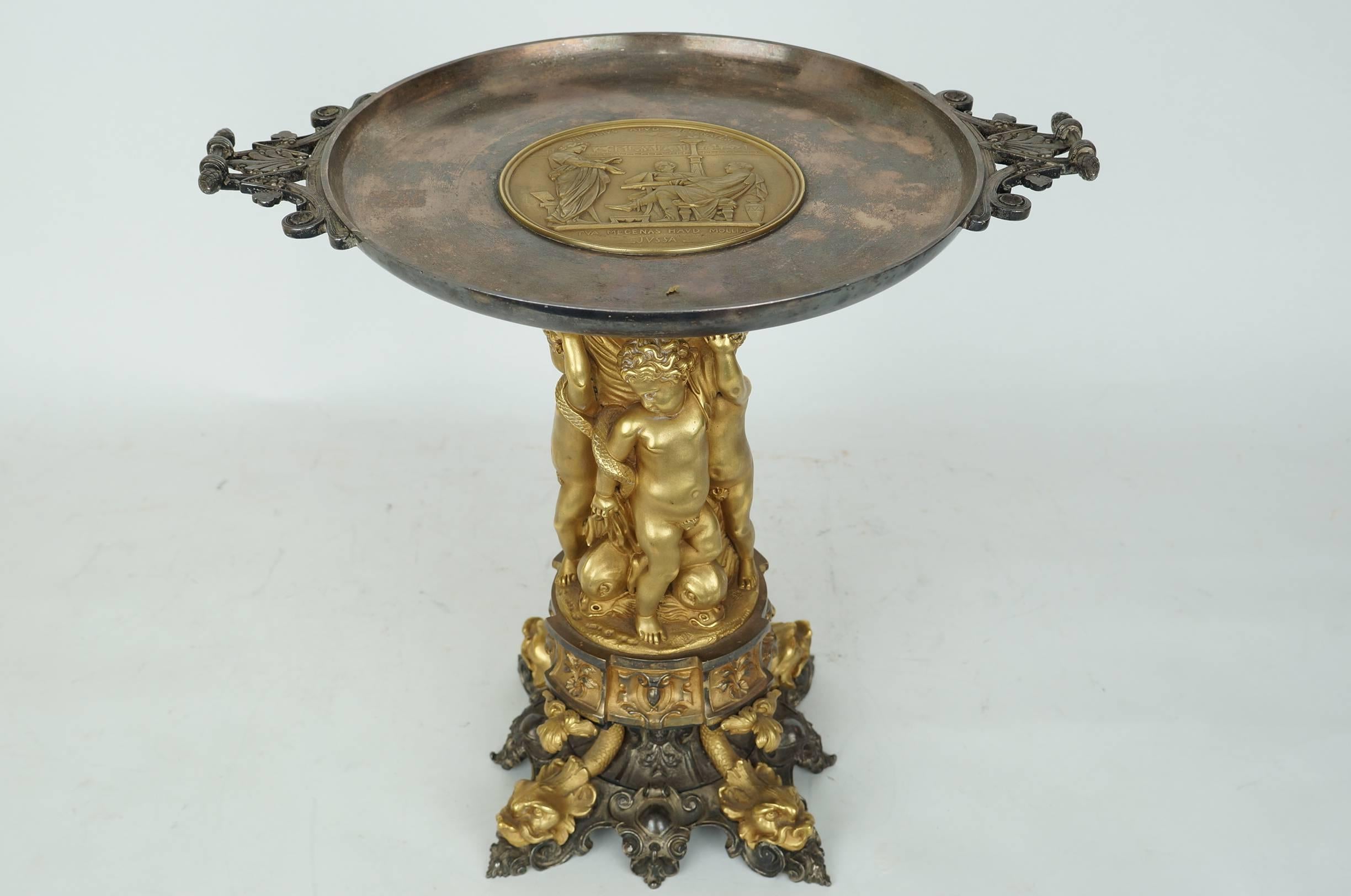 Gilt Bronze Figural Tall Table Centerpiece with Silvered Plate on Top ...