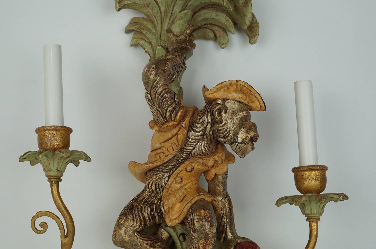 Pair of Two-Arm Wall Light Sconces with Monkey Figures For Sale at 1stdibs