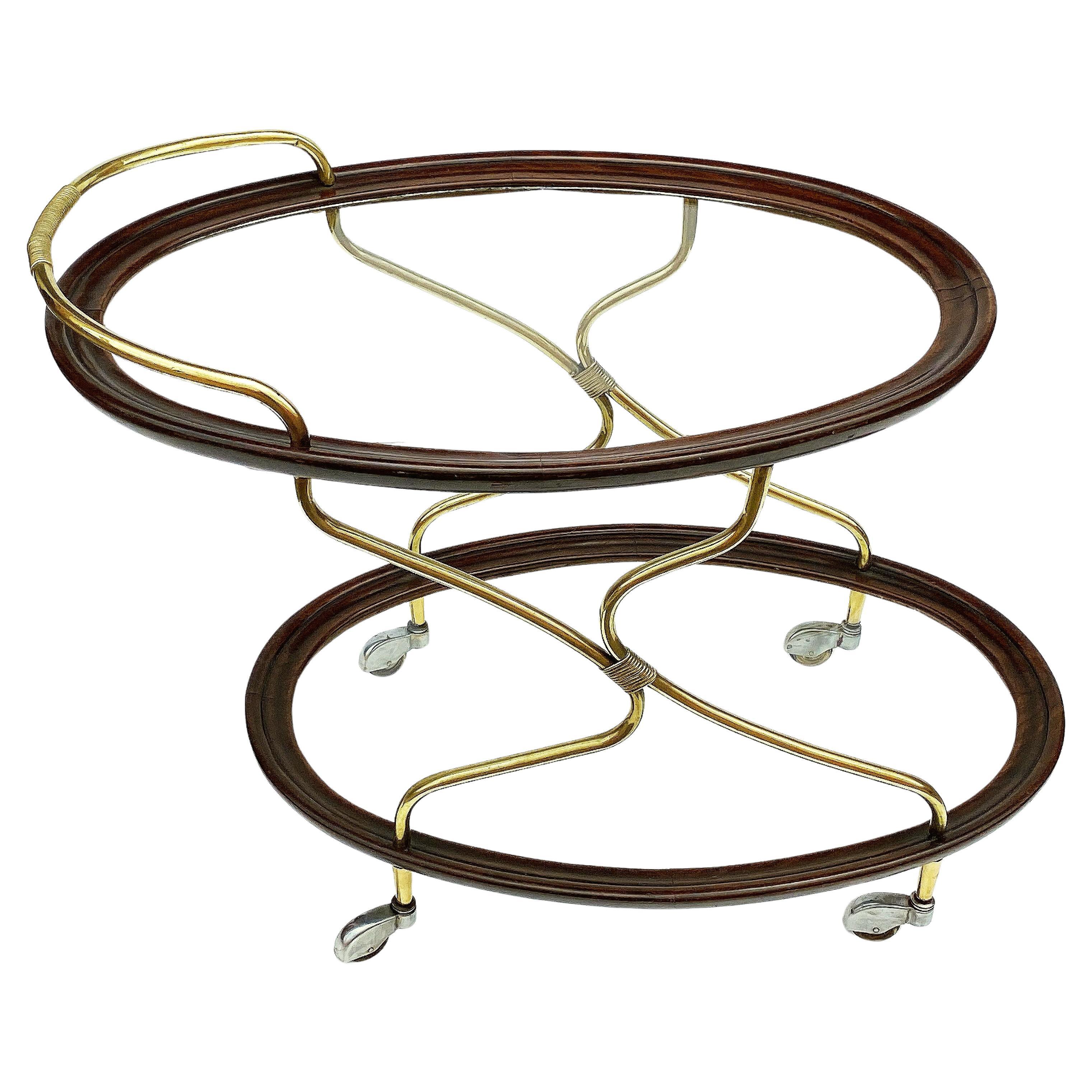 French Oval Drinks Cart of Mahogany and Brass and Glass on Rolling ...