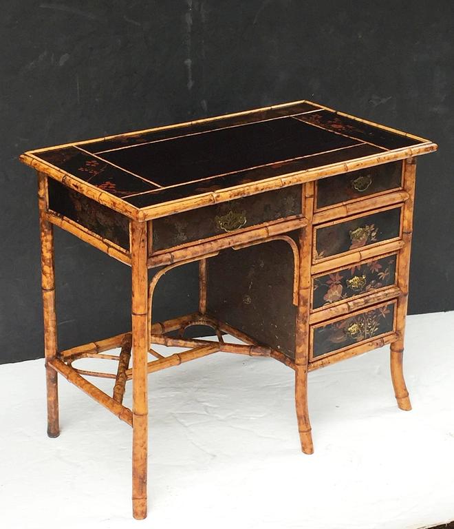 English Bamboo Writing Desk with Leather Top and Lacquered Sides at 1stDibs