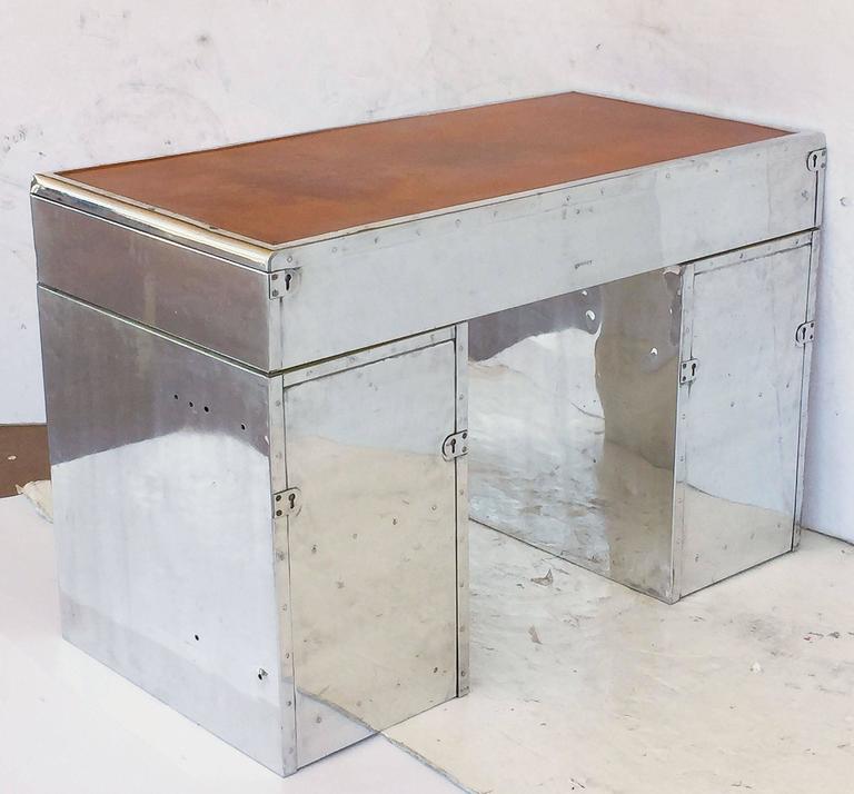 Polished Aluminum English Marine or Nautical Pedestal Desk with Leather ...