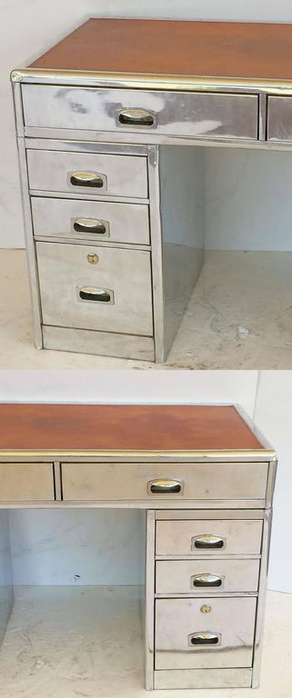 Polished Aluminum English Marine or Nautical Pedestal Desk with Leather ...