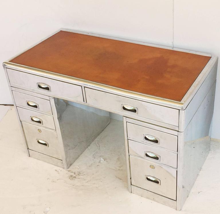 Polished Aluminum English Marine or Nautical Pedestal Desk with Leather ...