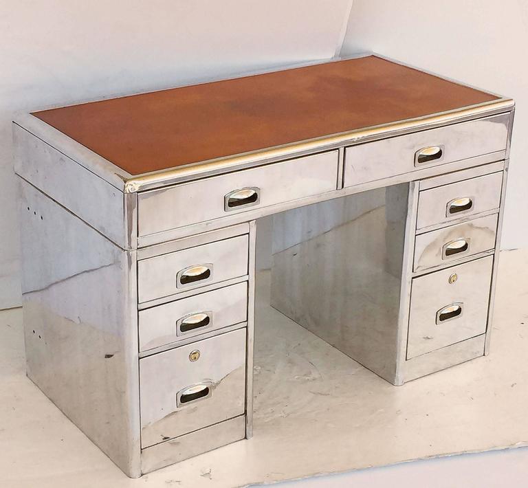 Polished Aluminum English Marine or Nautical Pedestal Desk with Leather ...