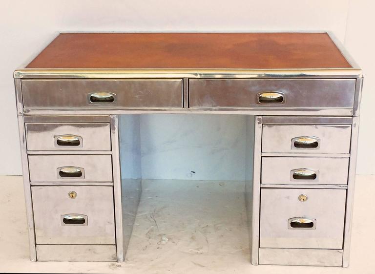 Polished Aluminum English Marine or Nautical Pedestal Desk with Leather ...