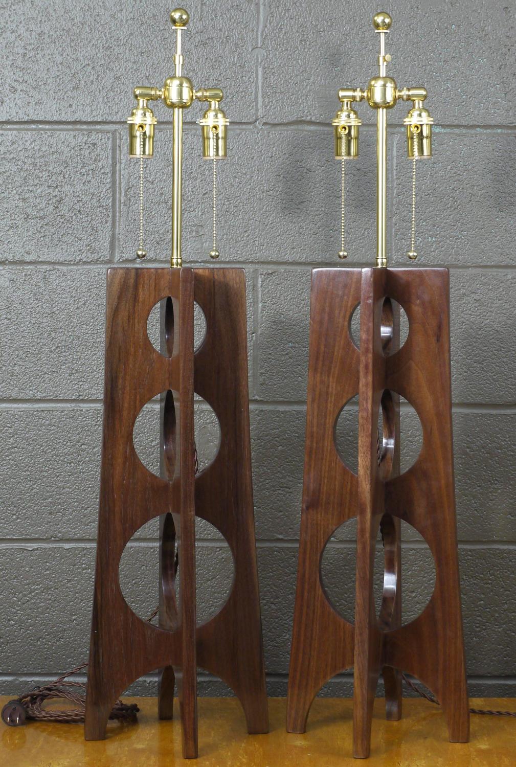 Pair of Studio Made Walnut Lamps with Circle Details For Sale at 1stdibs