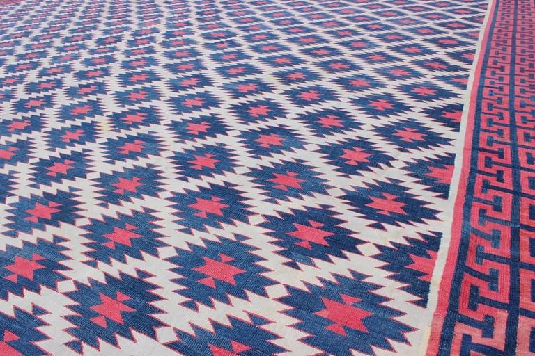 Large Vintage Cotton Dhurrie with Geometric Diamond Motifs in Blue, Red ...