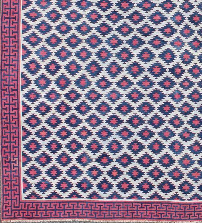 Large Vintage Cotton Dhurrie with Geometric Diamond Motifs in Blue, Red ...