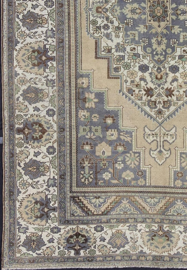 Vintage Turkish Oushak Rug with Floral Medallion in Gray, Ivory and ...