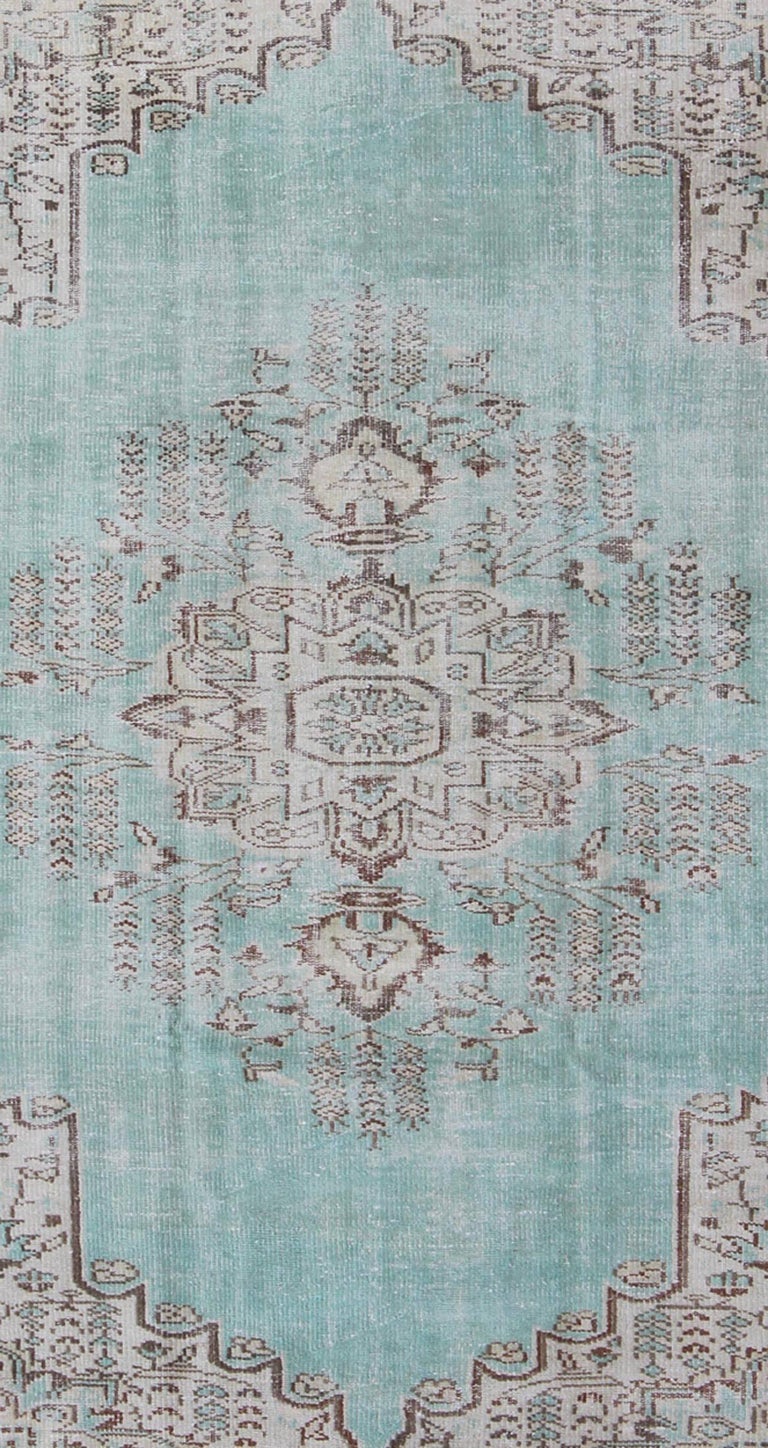 Vintage Oushak Rug with Aqua Color Background and Brown Highlights For ...