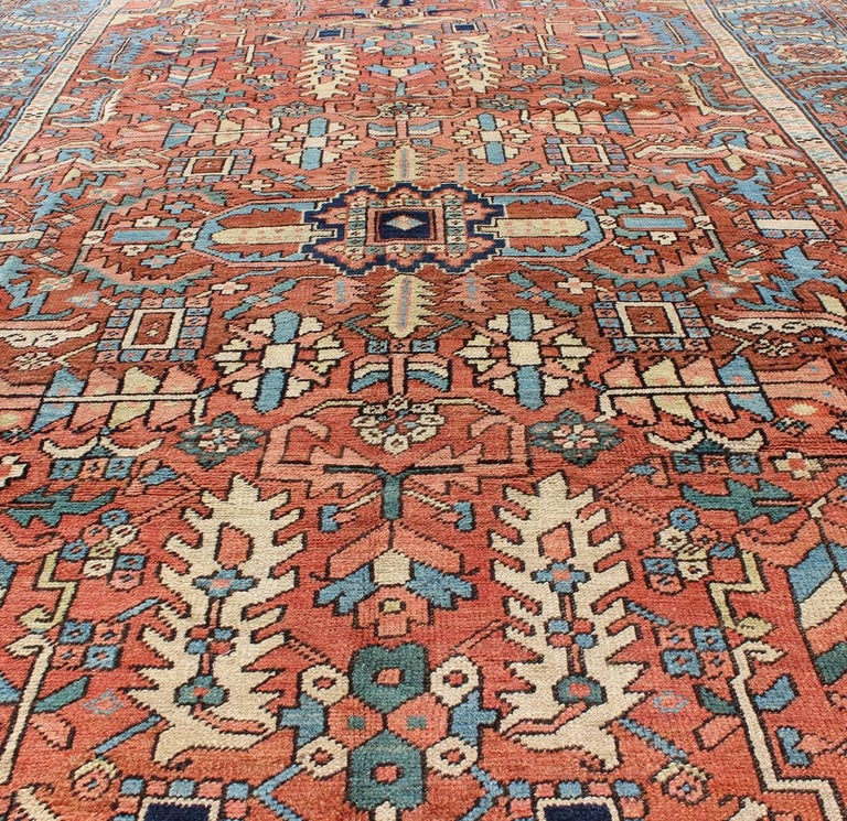 Antique Persian Heriz Serapi Rug with All Over Sub Geometric in Coral ...