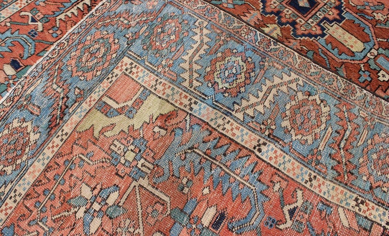 Antique Persian Heriz Serapi Rug with All Over Sub Geometric in Coral ...