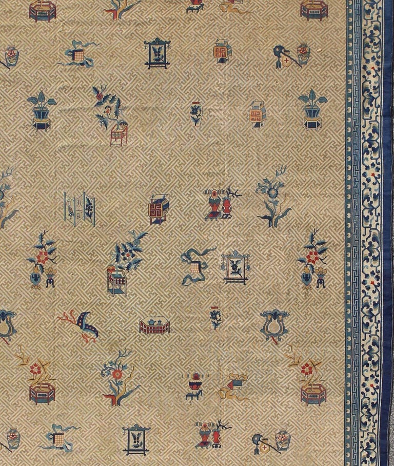 Large Antique Chinese Carpet in Ivory/Taupe Background and Blue Border ...