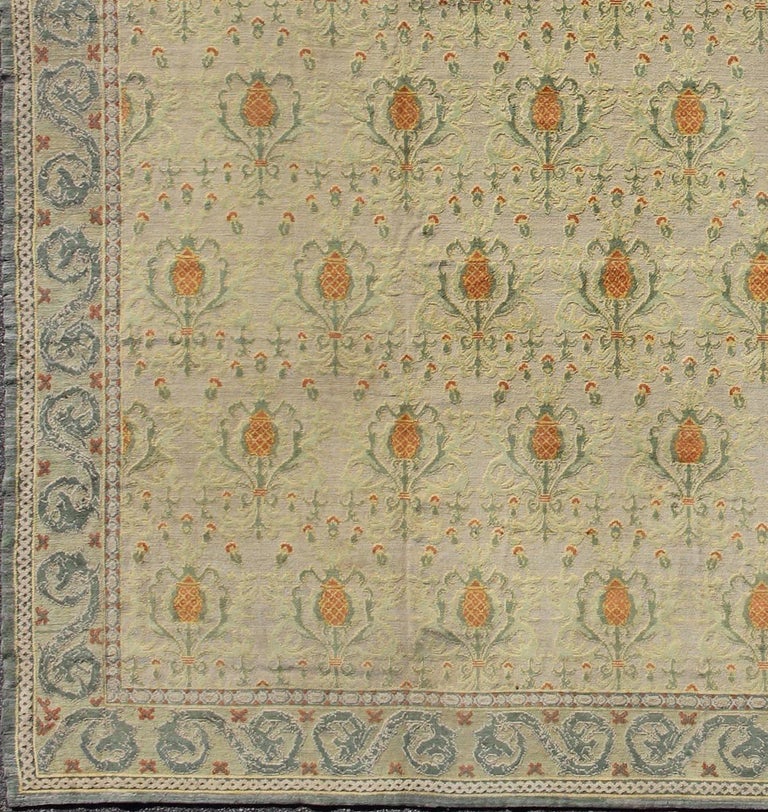 Square Sized Antique Spanish Carpet in Green, Orange and Gray/Blue at ...