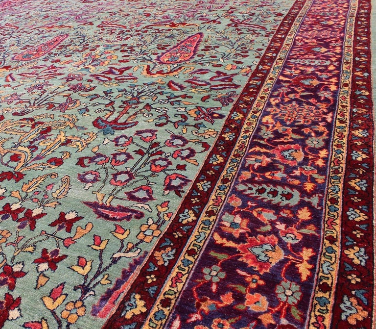 Antique Agra Rug with Branching Floral Design in Mint Green, Purple and ...