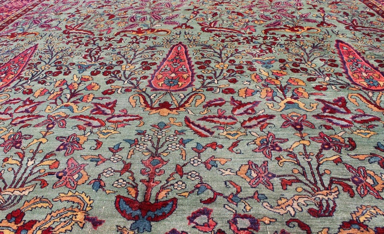 Antique Agra Rug with Branching Floral Design in Mint Green, Purple and ...