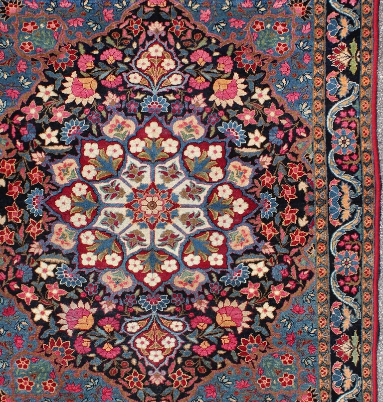 Blooming Floral Medallion Vintage Persian Kerman Rug with Multi-Colors ...