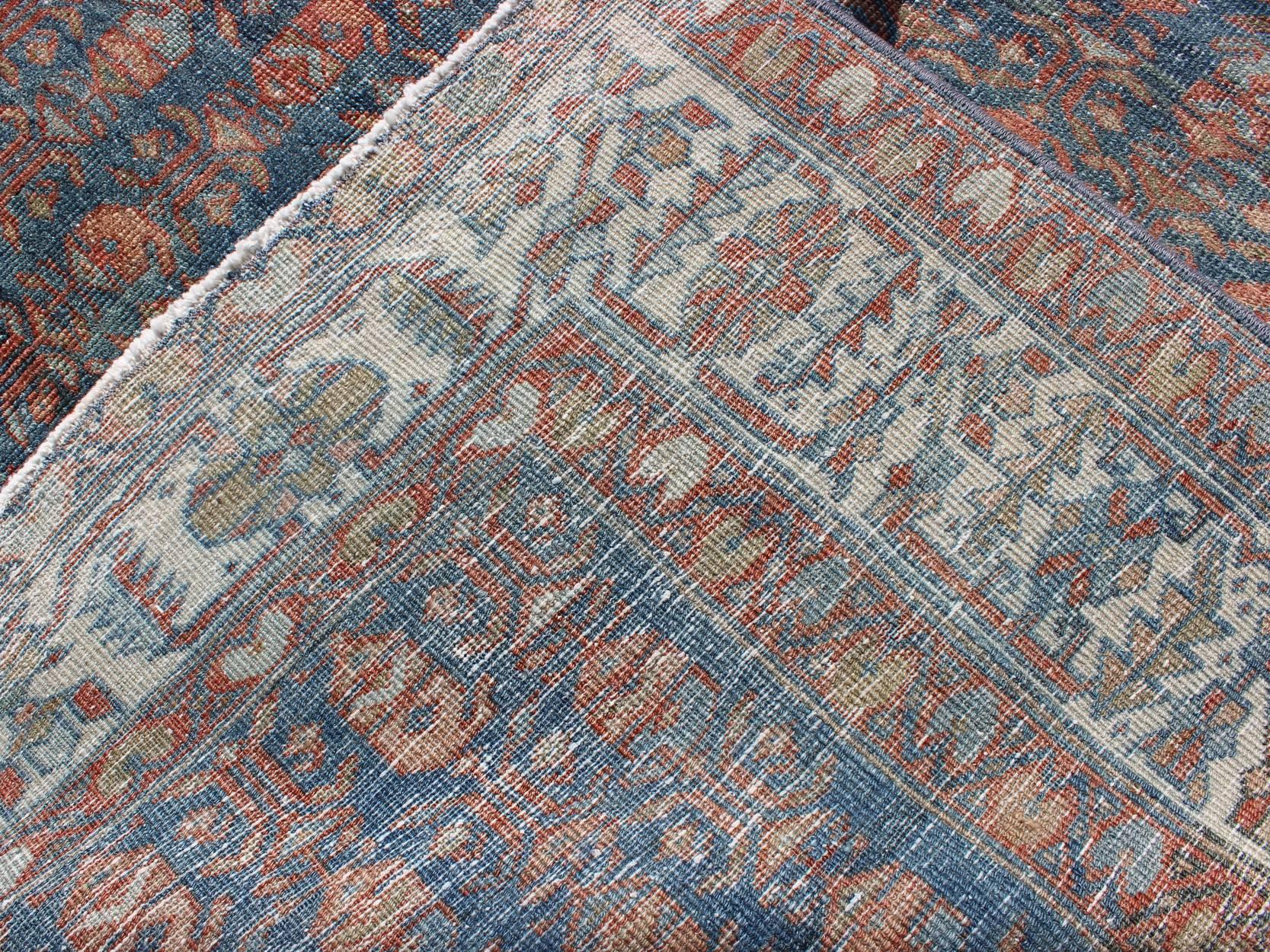 Blue Background Antique Persian Mahal Rug with Rows of Geometric Motifs ...