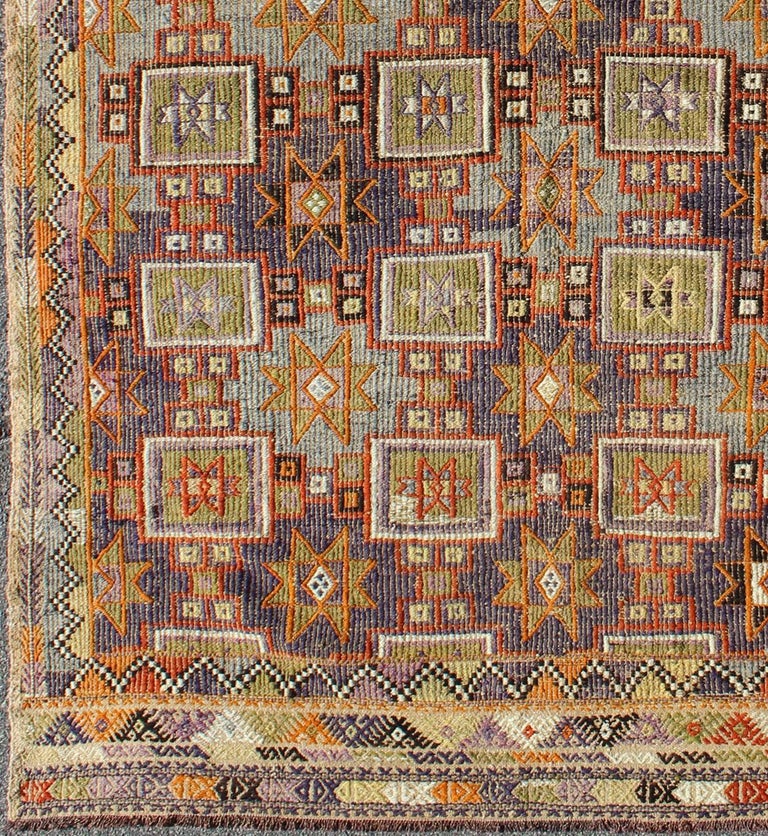 Grayish Blue Background Geometric Turkish Oushak Midcentury Rug For ...