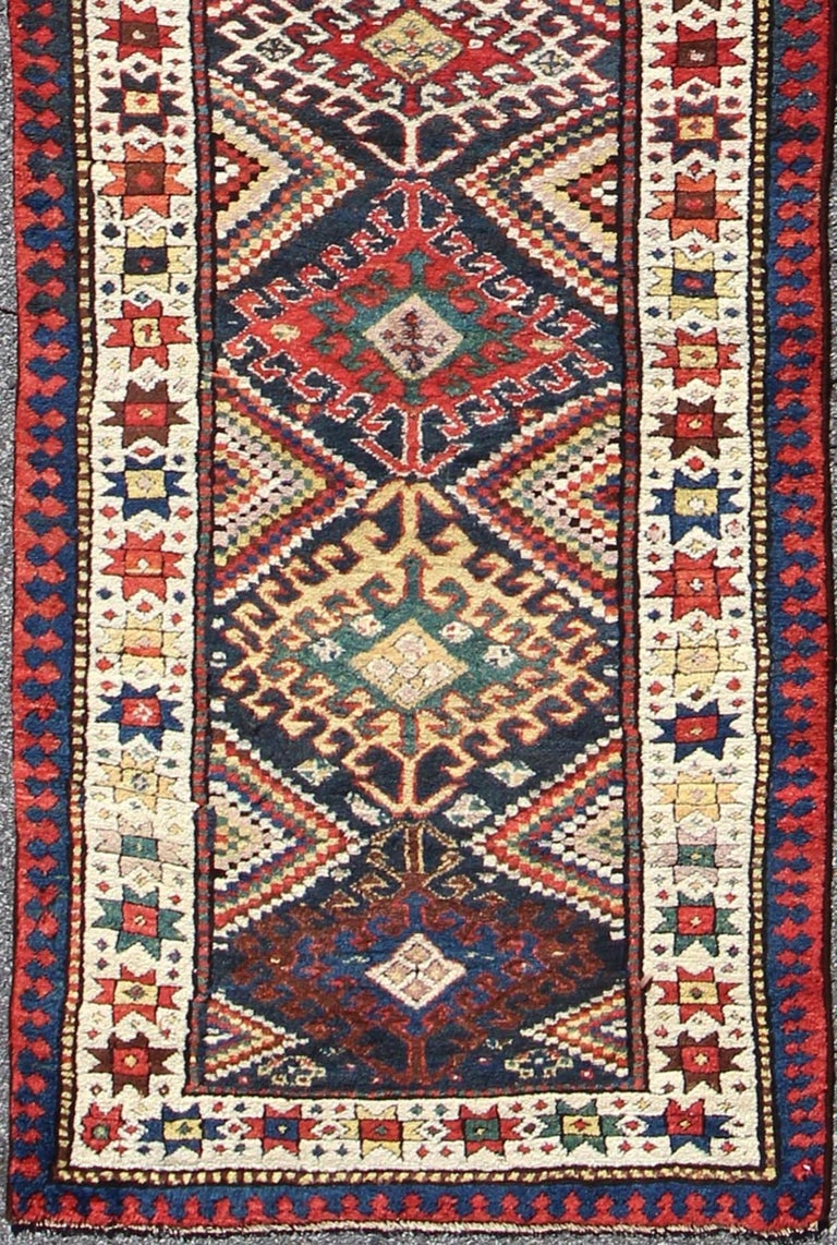 Multicolored Antique Caucasian Kazak Runner with Diamond and Star ...