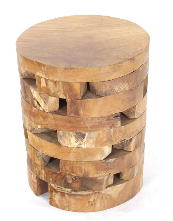 Stacked Teak Wood Block Round Pedestal Stool Bench at 1stDibs