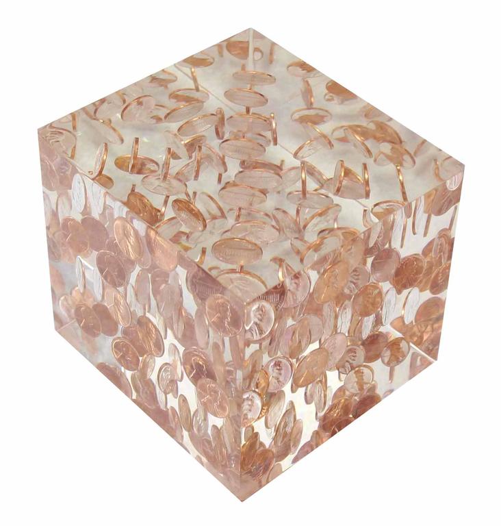 Mid-Century Modern Cube Lucite Sculpture with Captured Lot of "One ...