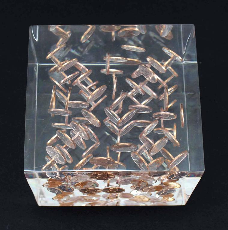 Mid-Century Modern Cube Lucite Sculpture with Captured Lot of "One ...