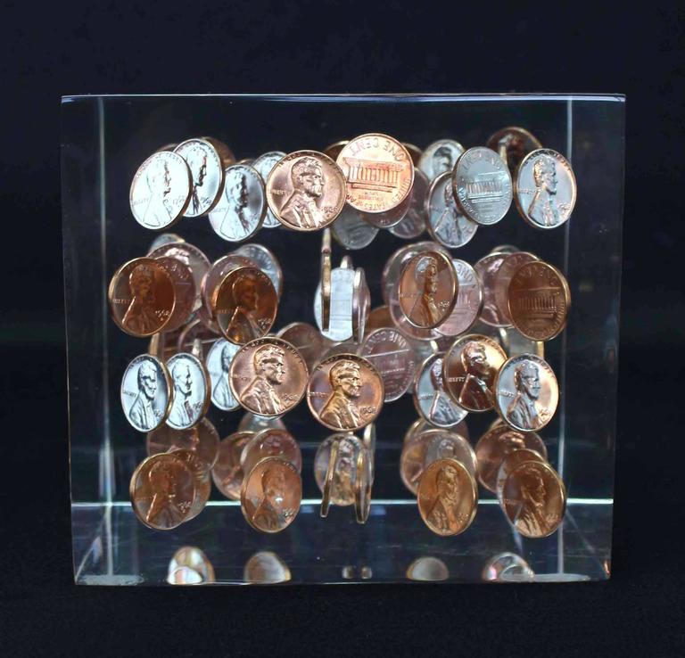 Mid-Century Modern Cube Lucite Sculpture with Captured Lot of "One ...