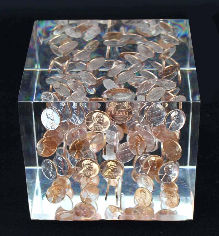 Mid-Century Modern Cube Lucite Sculpture with Captured Lot of "One ...