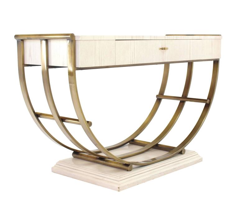 White Pickled Oak Finish Brass U Shape Base Console Table For Sale at ...