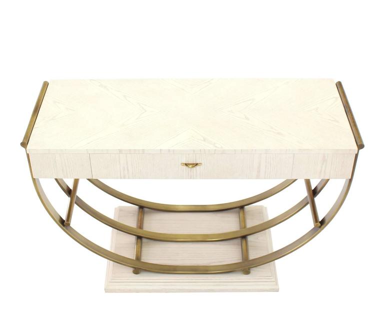 White Pickled Oak Finish Brass U Shape Base Console Table For Sale at ...